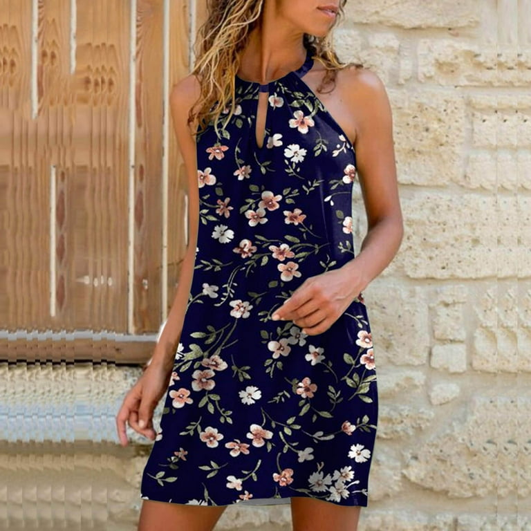 2DXuixsh Women Junior Dresses Women Casual Summer Dresses Floral Printed Sleeveless Dress Hollow Out O Neck Loose Beach Short Mini Womens Maxi Dresses