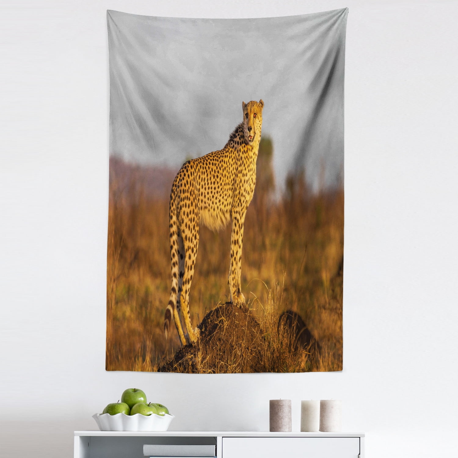 Safari Tapestry, Wild Animal Cheetah Standing on Termite Mound Savannah ...