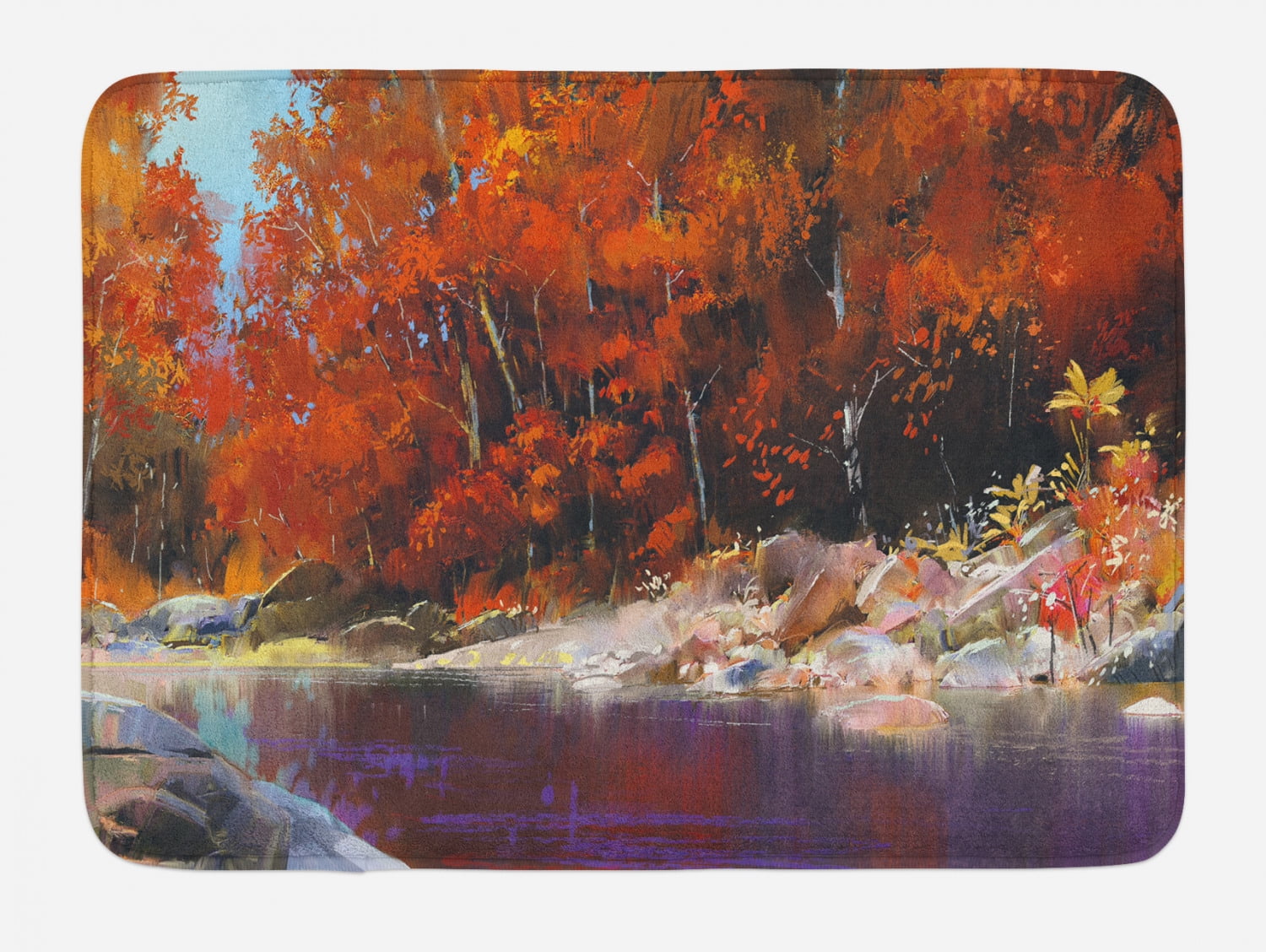 Nature Bath Mat, River with Rocks Autumn Forest Peaceful Artistic Paint ...
