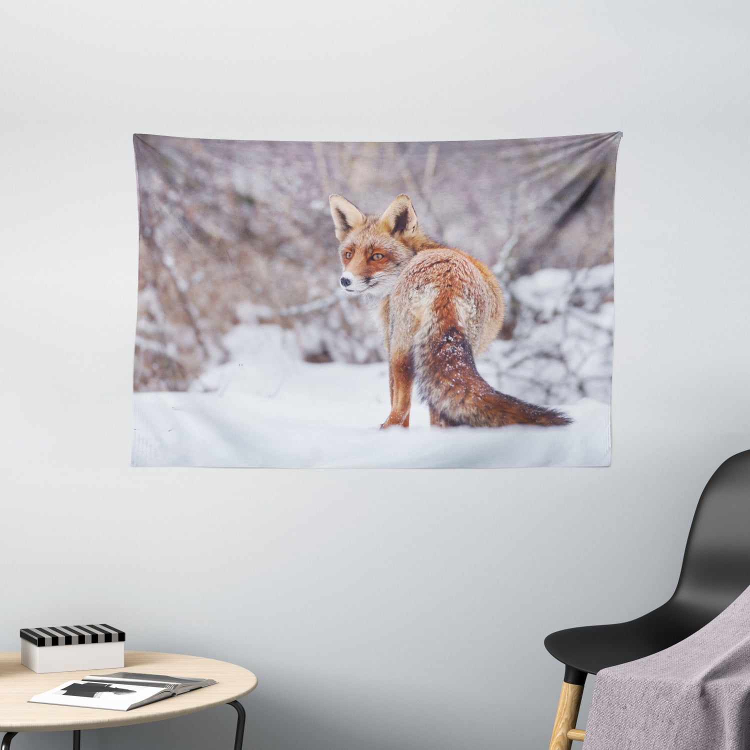 Fox Tapestry, Countryside Snow Landscape Furry Wild Animal Hunting ...