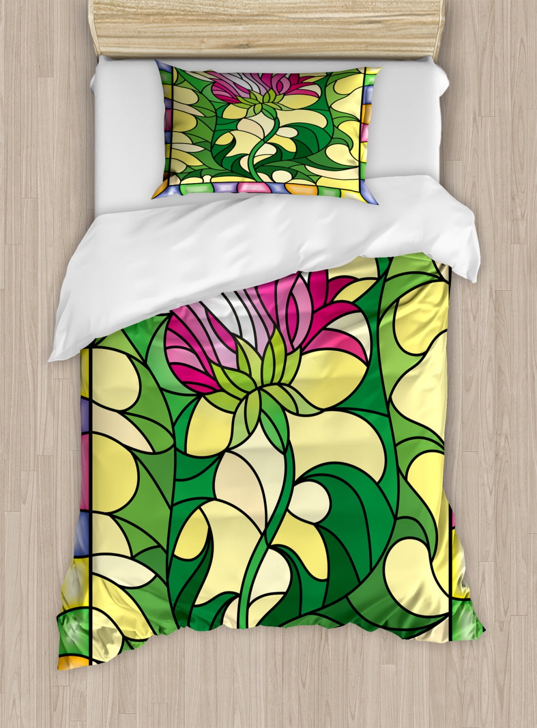 Thistle Twin Size Duvet Cover Set, Colorful Stained Glass Style Flower ...