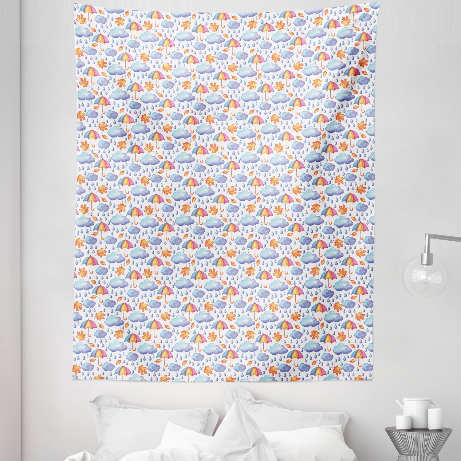 Autumn Tapestry, Watercolor Look Rain Umbrella Clouds Pastel Colorful ...