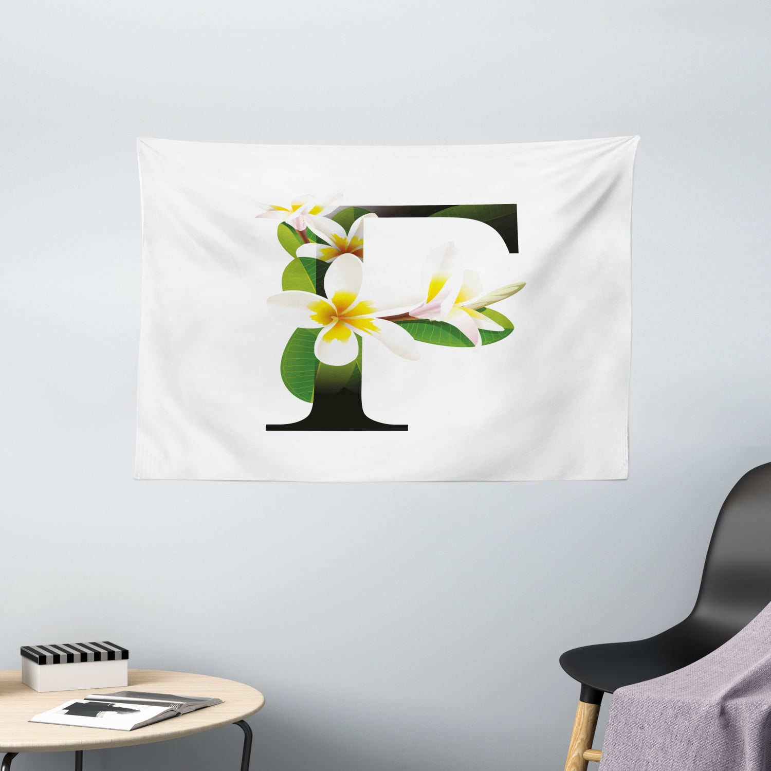 Letter F Tapestry, Frangipani Lively Green Leaves Vibrant Color Floral ...