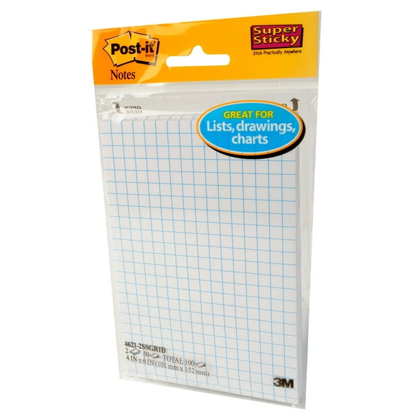 Post-it Super Sticky Notes, White with Blue Grid, 4 in x 6 in, 2 Pads ...