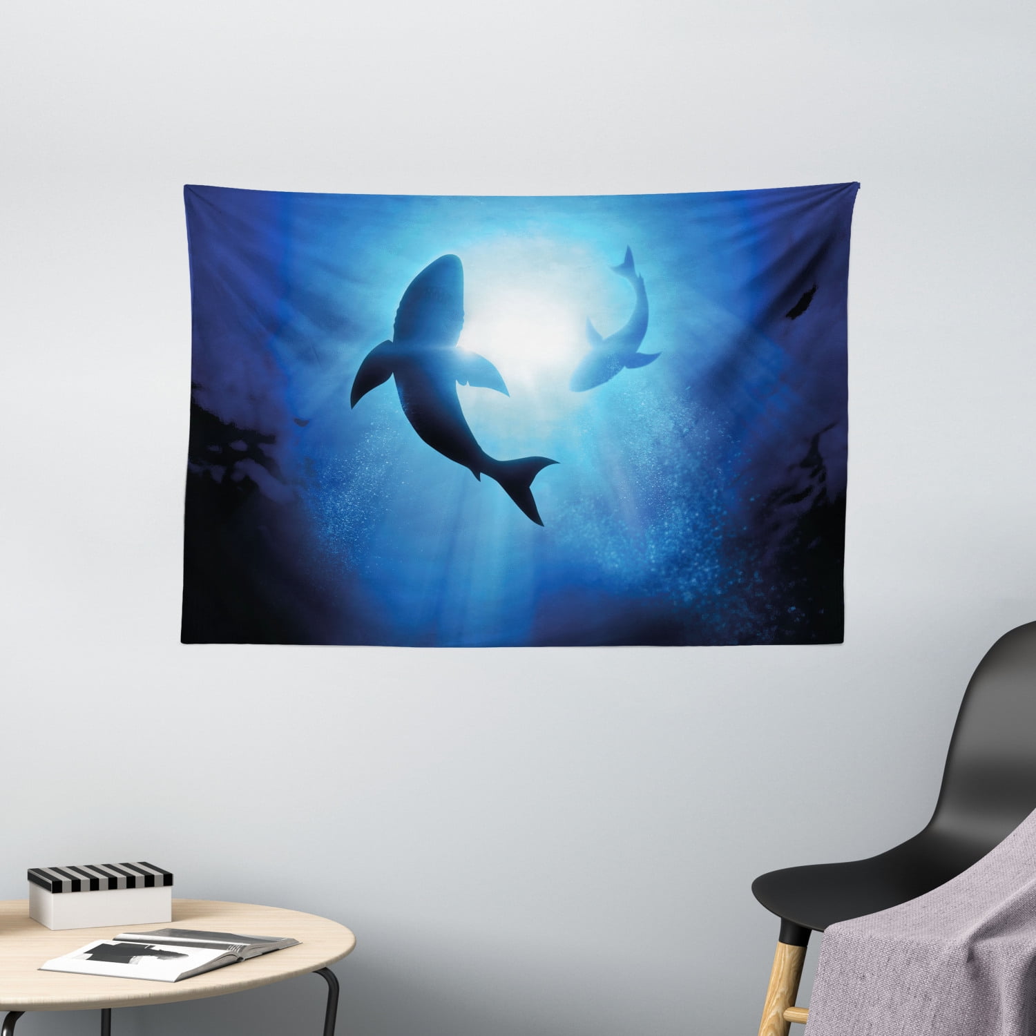 Shark Tapestry, Underwater World with Fish Silhouettes Circling in the ...