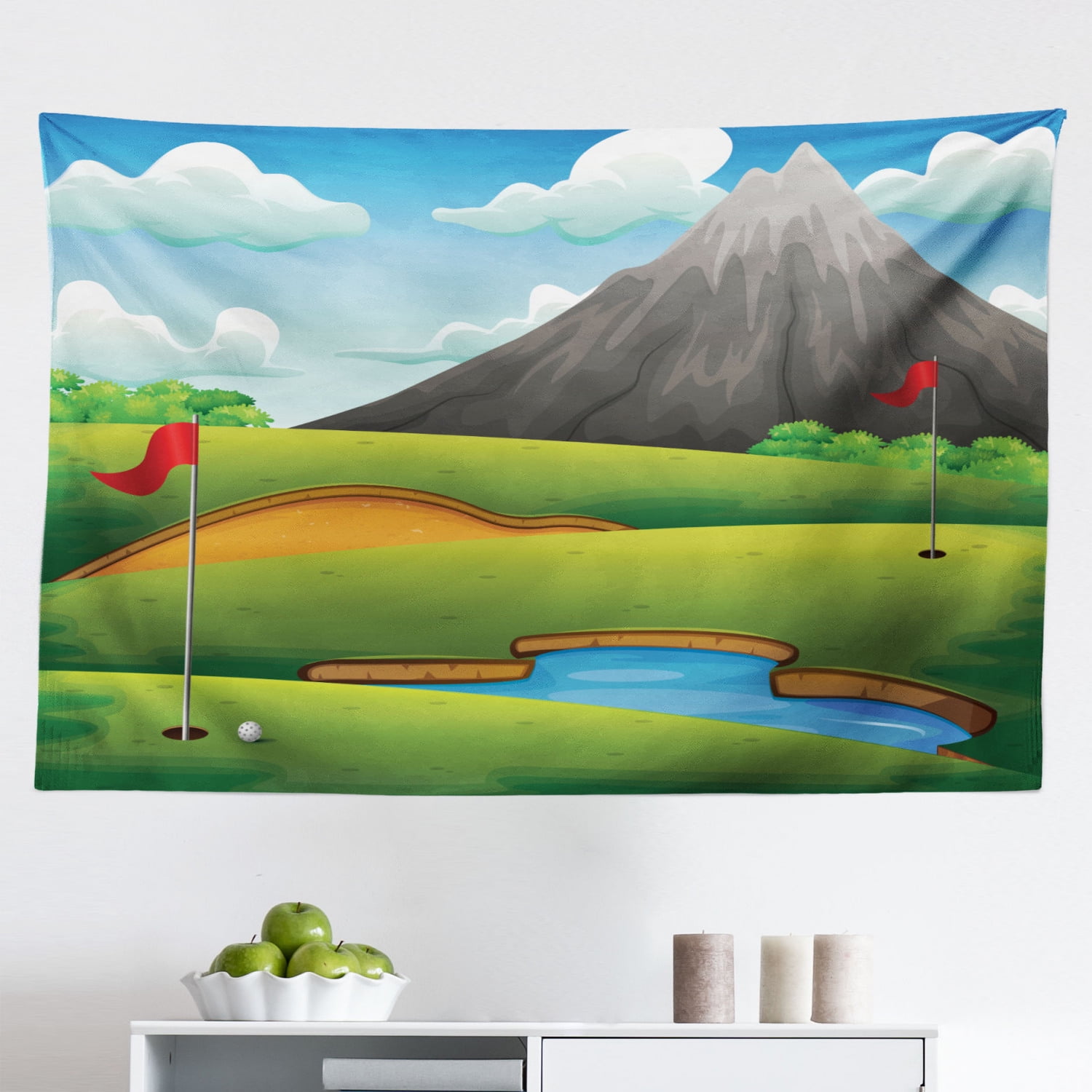 Golf Course Scene Tapestry, Happy Golfer on Field in a Sunny Day ...