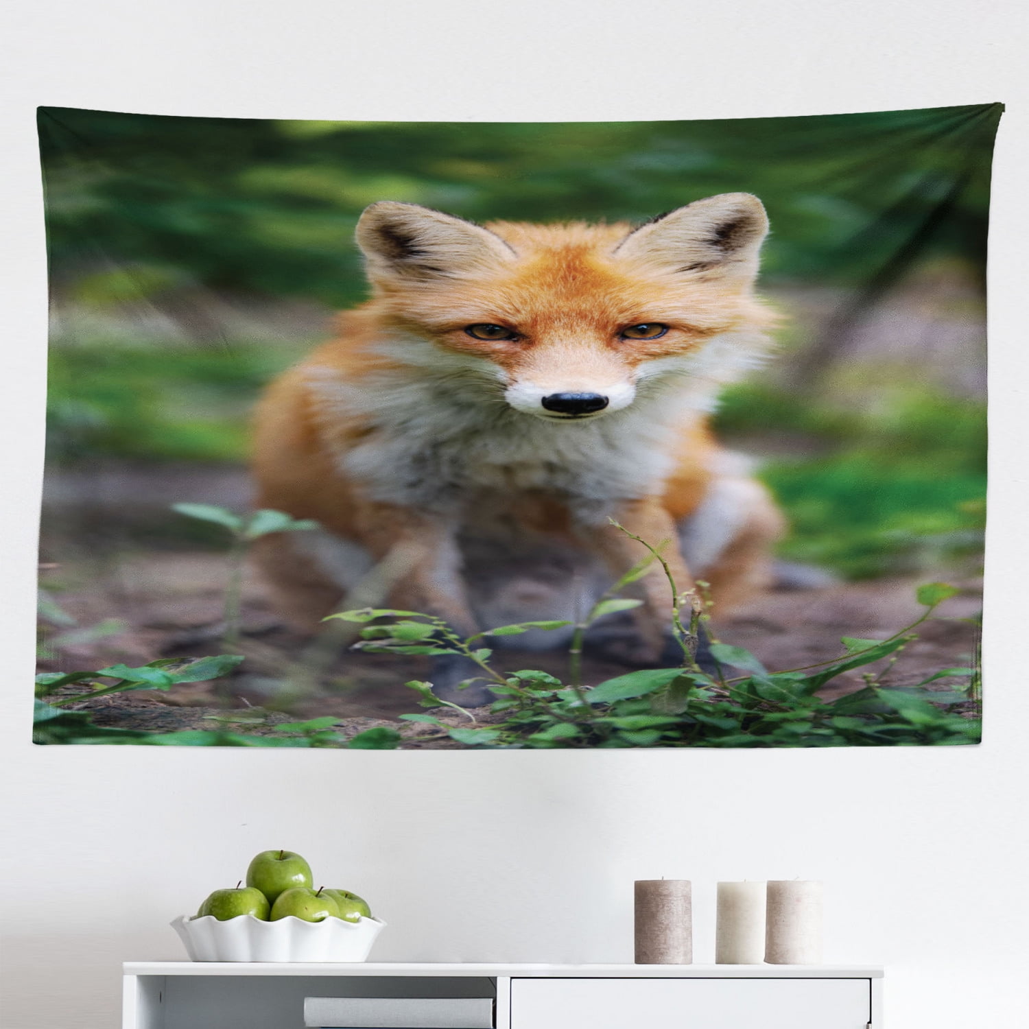 Fox Tapestry, Coyote Walking Happy Graphic on Plain Background, Fabric ...