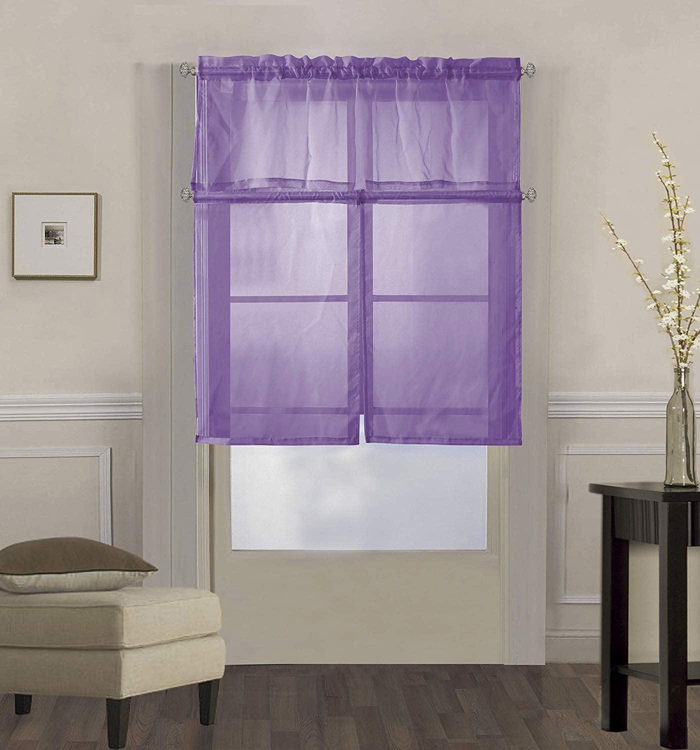 Decotex 3 Piece Solid Sheer Voile Kitchen Window Curtain Tier & Valance ...