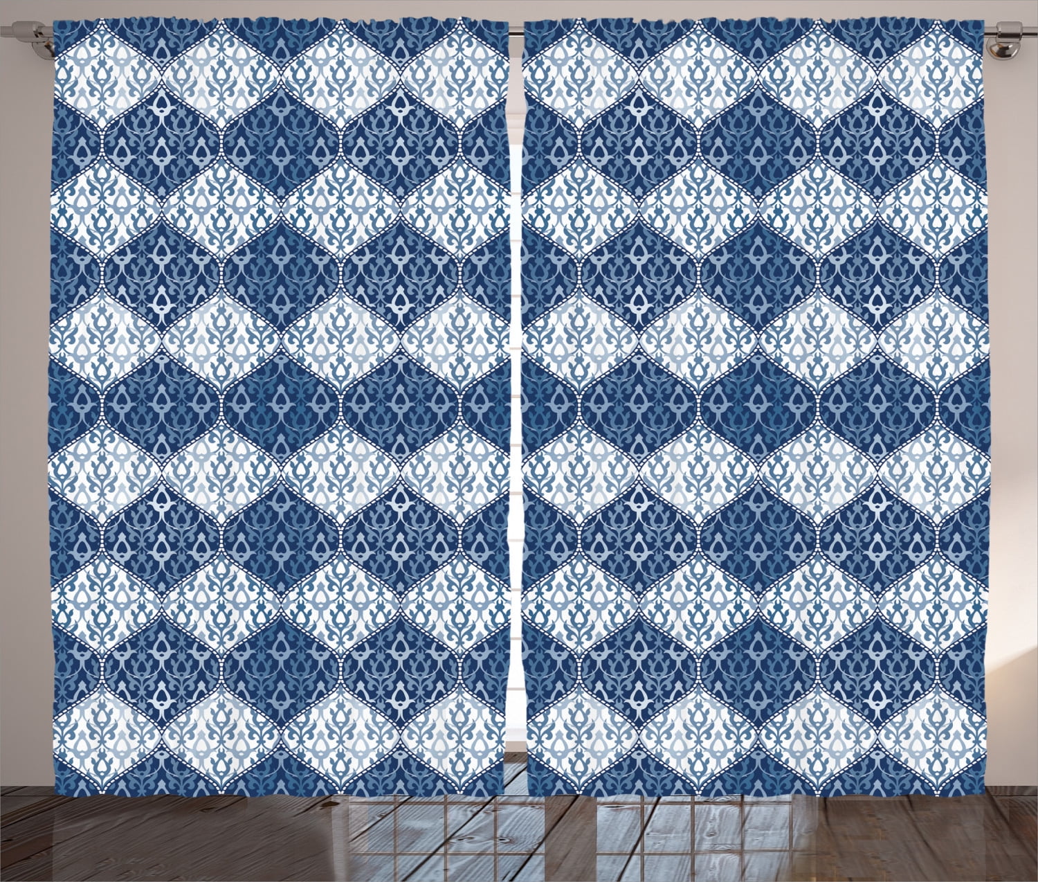 Navy Blue Decor Curtains 2 Panels Set, Oriental Pattern Patchwork ...