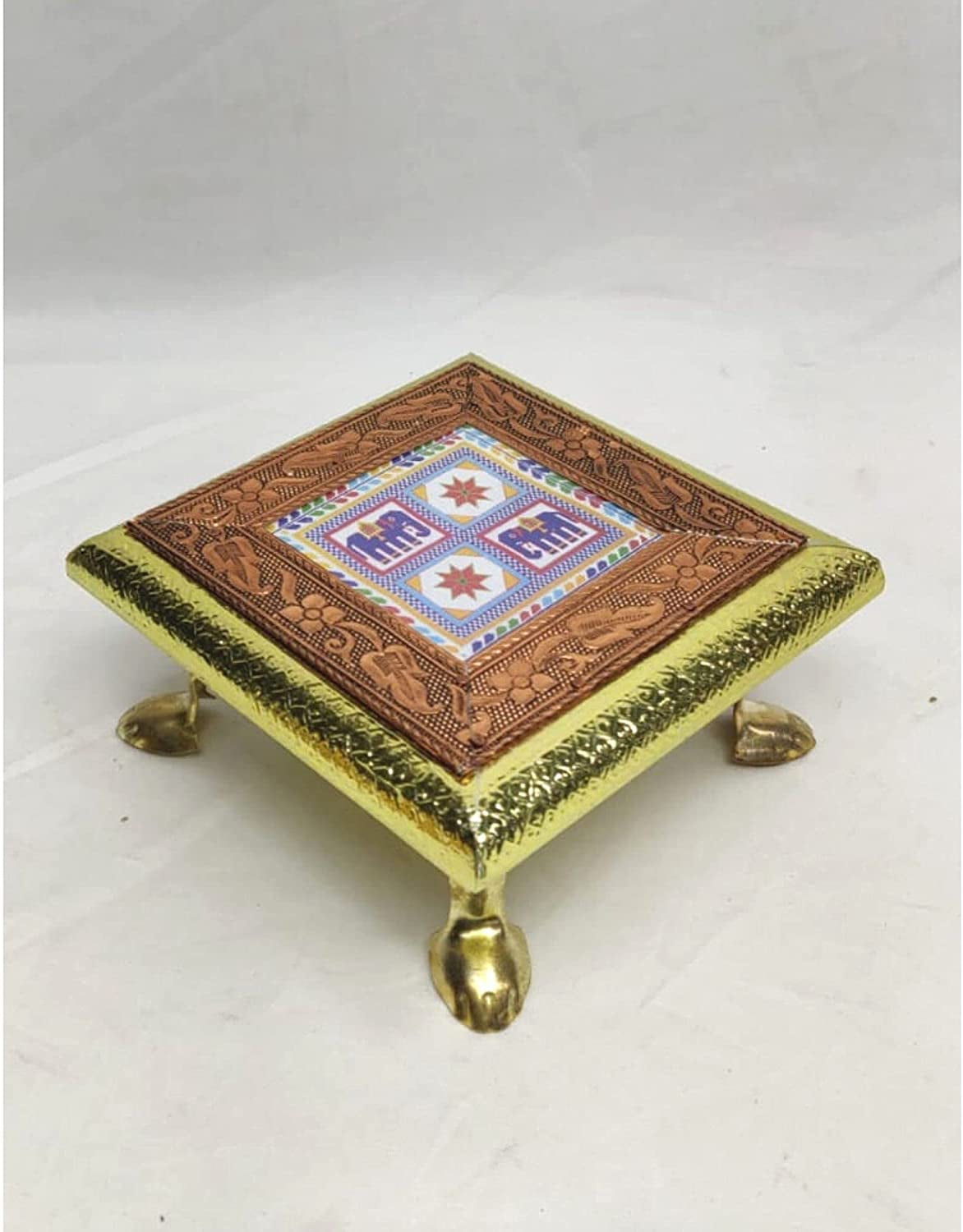 Wooden Chowki Brass And Copper With Hand Painted Bajot Meenakari Pooja ...