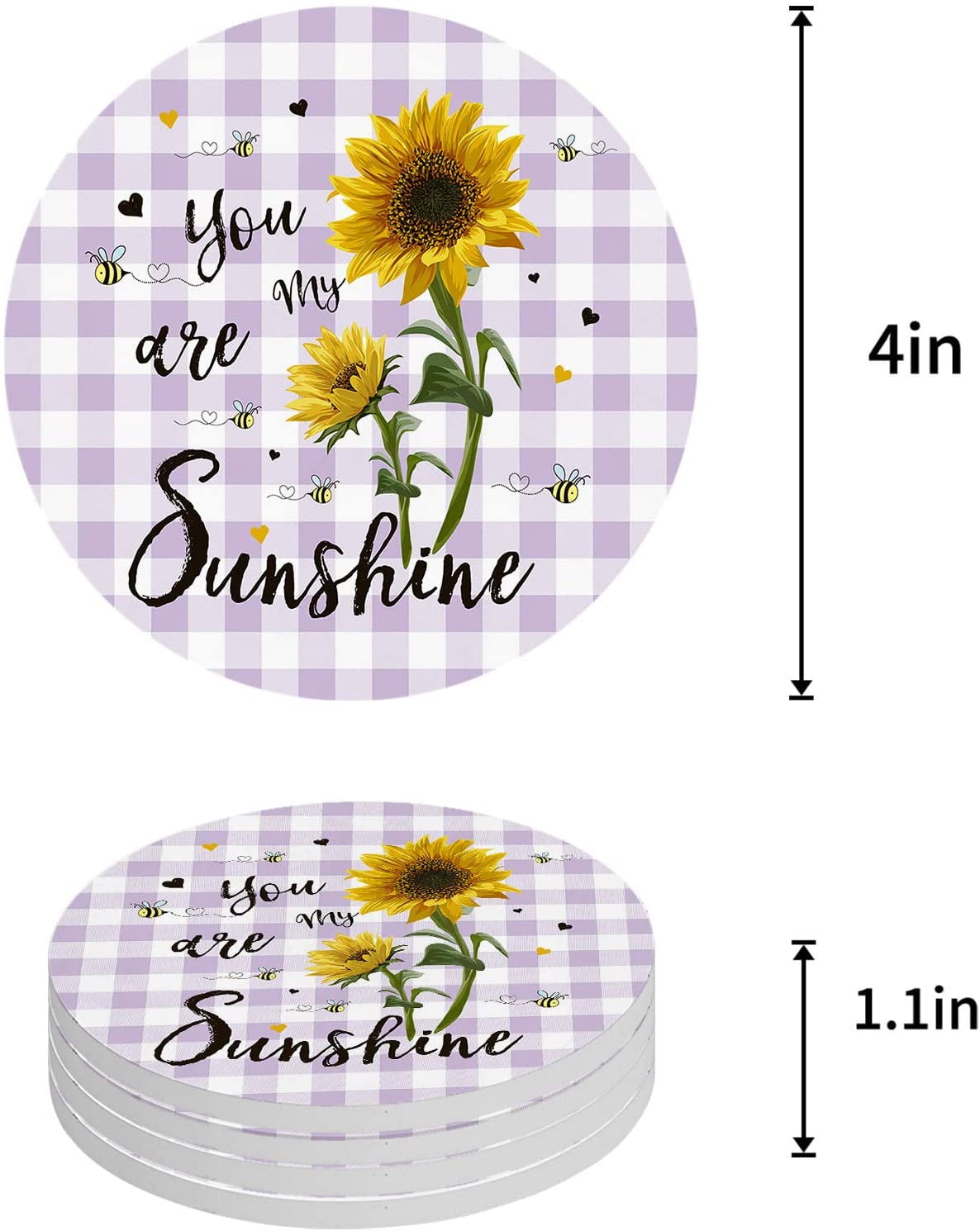 ZHANZZK Summer Sunshine Sunflower and Bee Purple Lattice Set of 6 Round ...