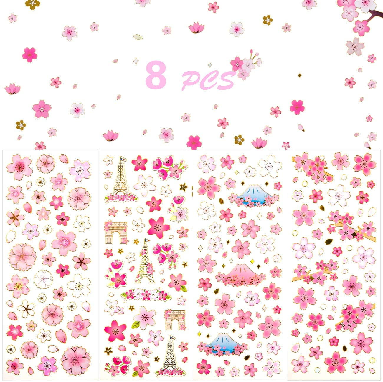 Naler Sakura Stickers, 8 Sheets Cherry Tree Blossoms Decal for ...