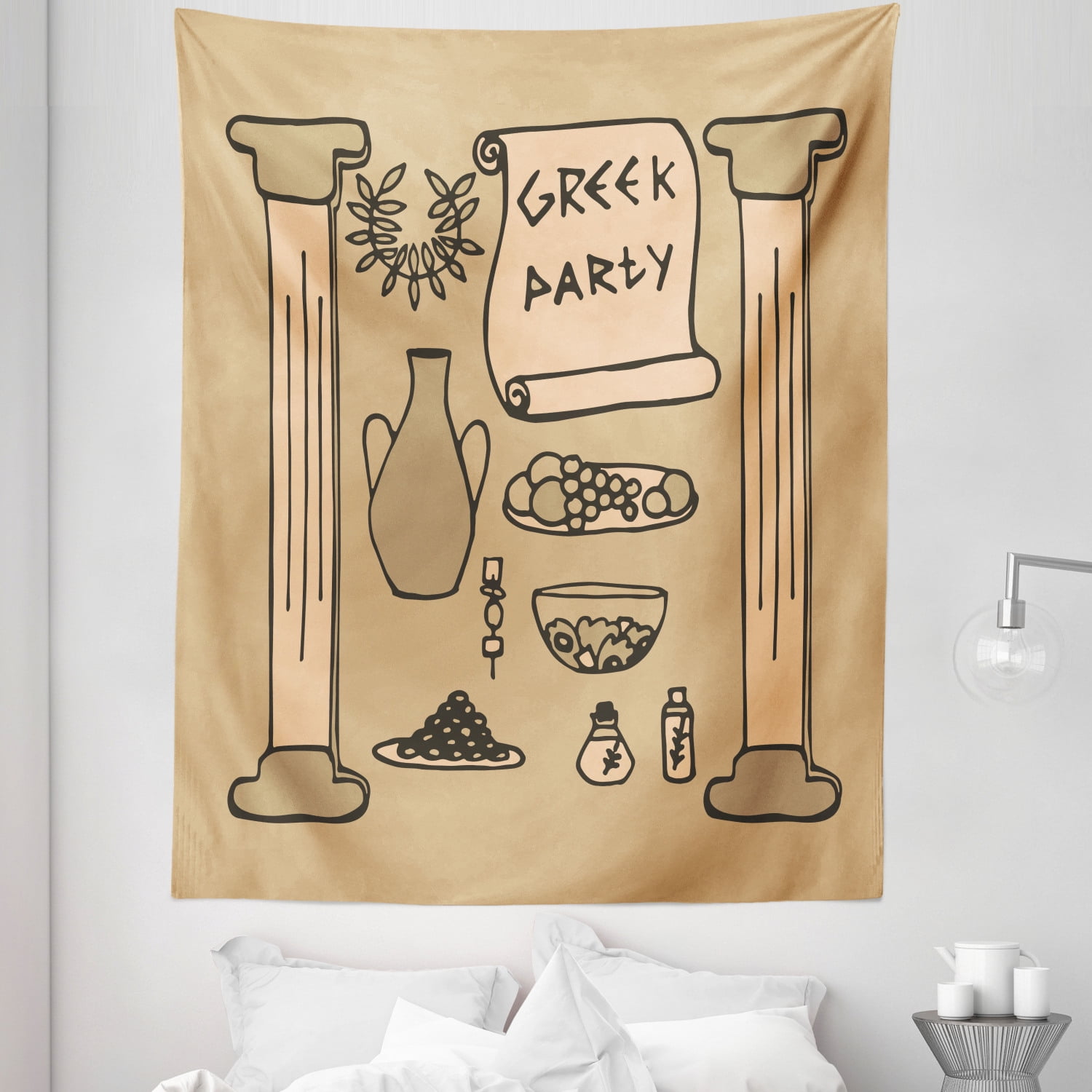 Greek Tapestry, Ornamental Civilization Pillars Pots Wreath and Food ...