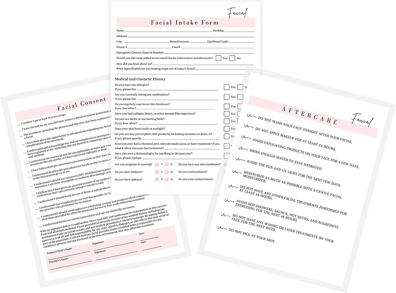Facial Consent Form, Intake Form, Aftercare Form 75 Pack 8.5x11" inch ...