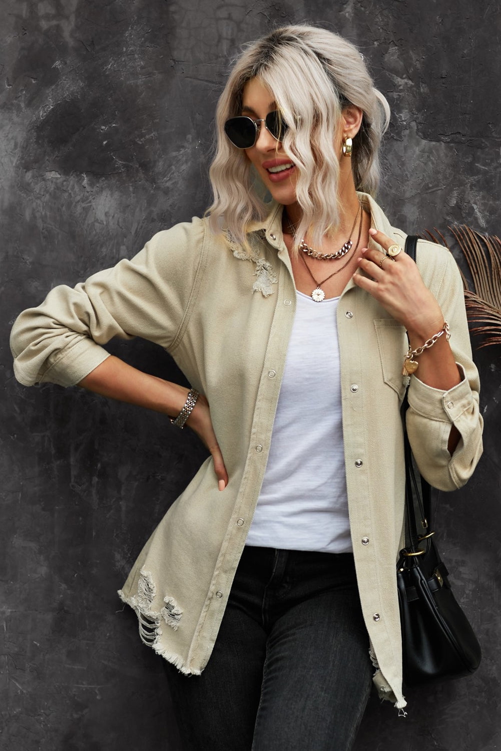 Distressed Snap Down Denim Jacket - Walmart.com