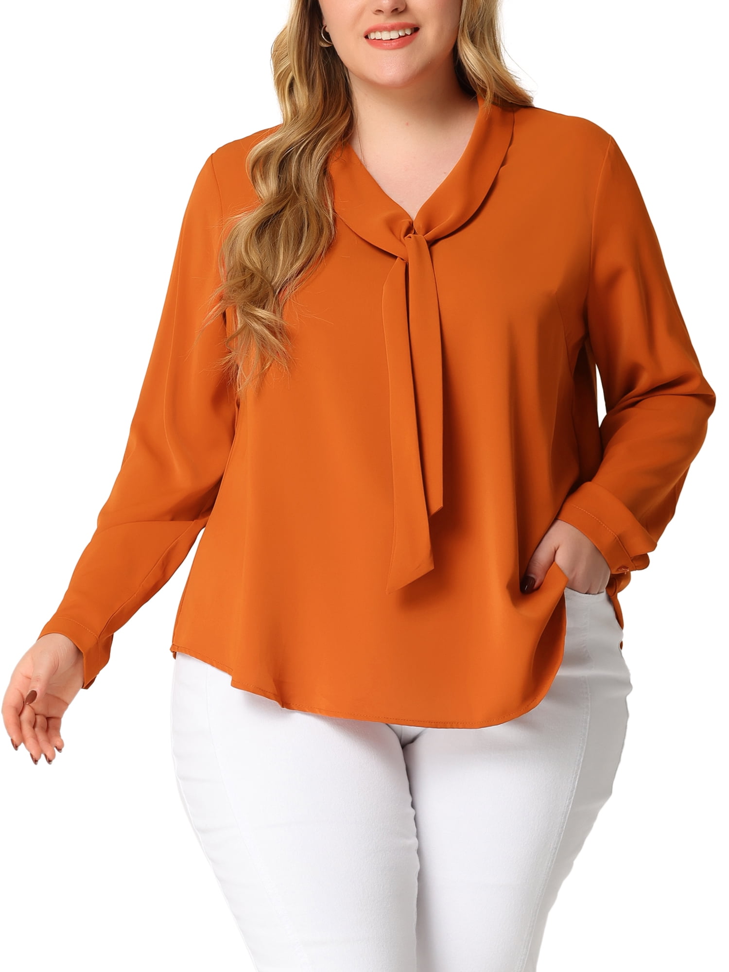 Agnes Orinda Womens Plus Size Tie V Neck Long Sleeve Chiffon Office