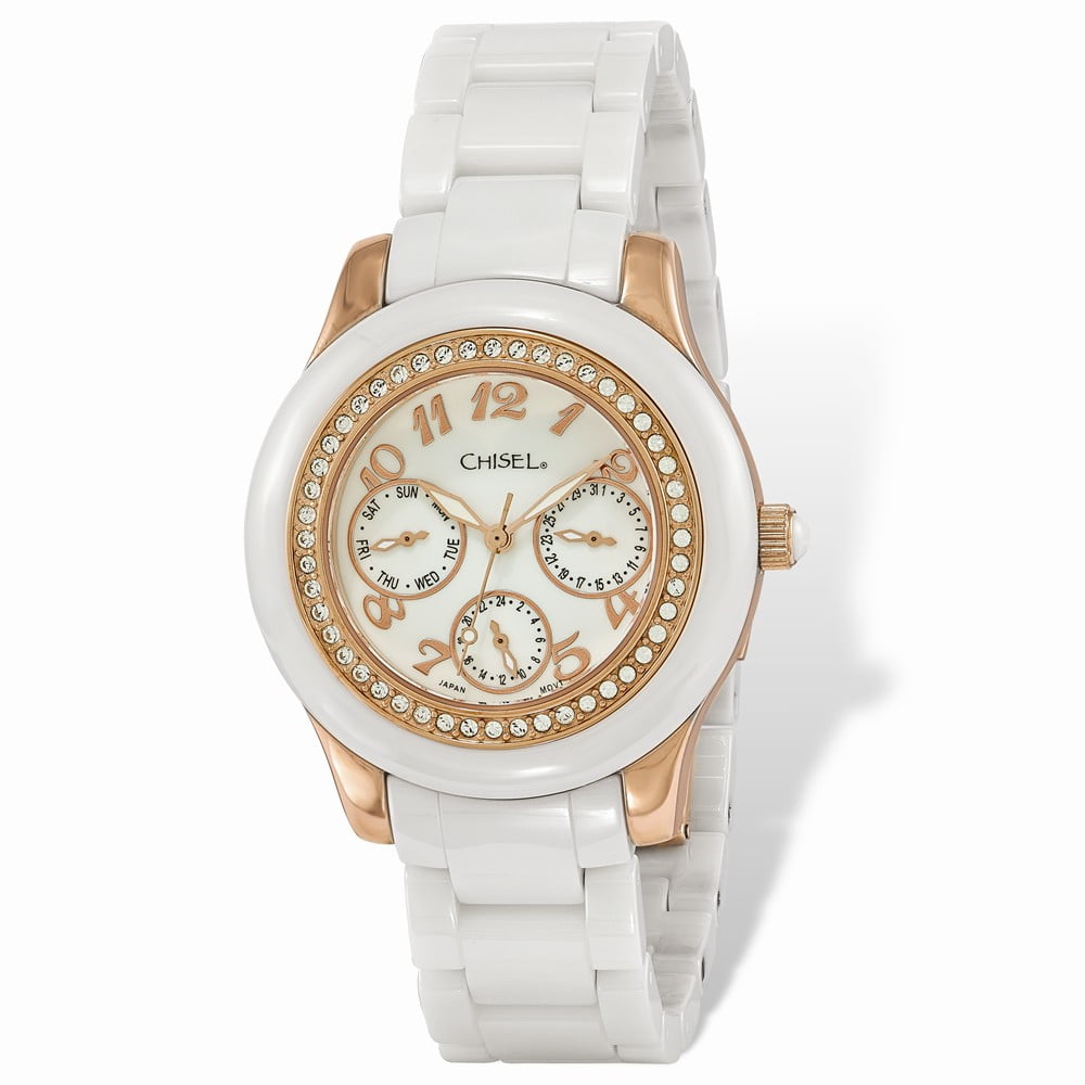 Mia Diamonds Ladies Chisel Rose IP-plated White Dial Ceramic Watch ...