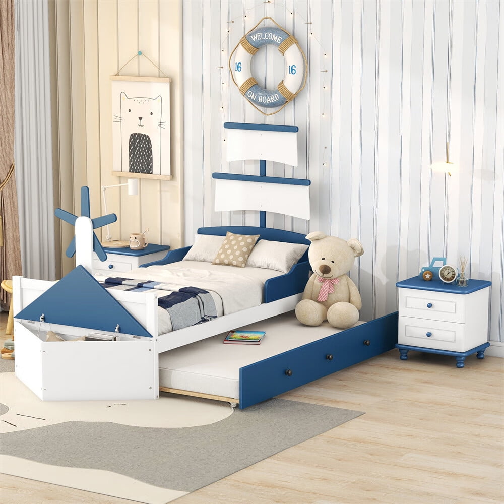 3 Piece Wood Bed Frame with Trundle and 2 Nightstand, Twin Size Boat ...