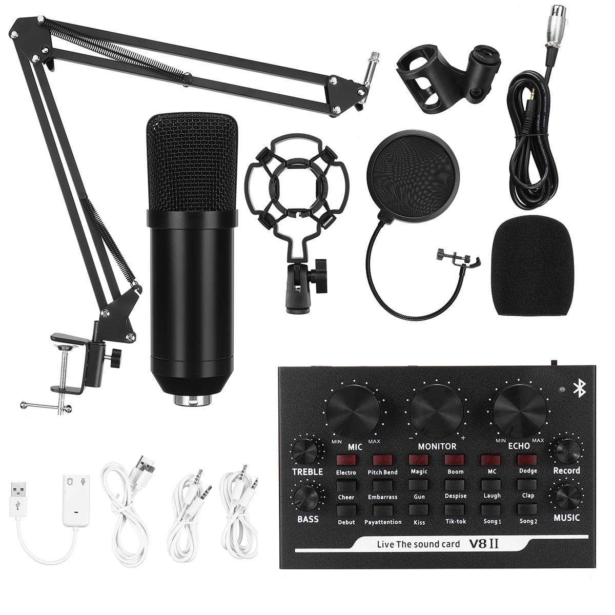 Podcast Condenser Microphone Equipment Bundle, Live Sound Card DJ Mixer ...