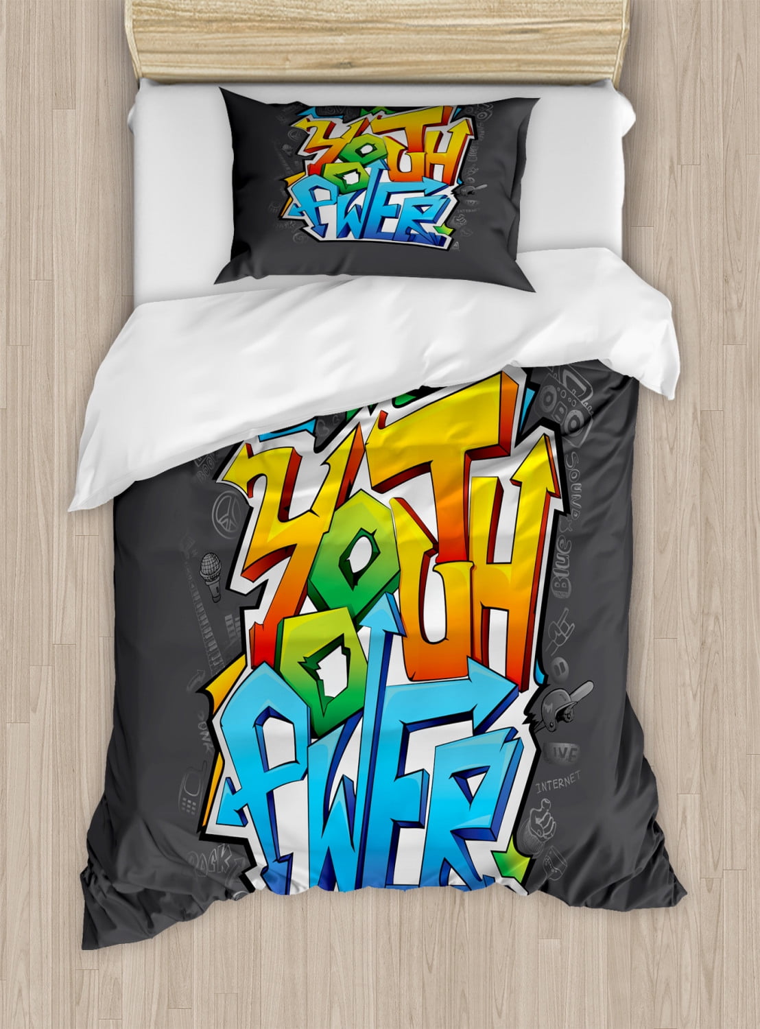 Youth Twin Size Duvet Cover Set, Graffiti Art Themed Illustration Youth ...