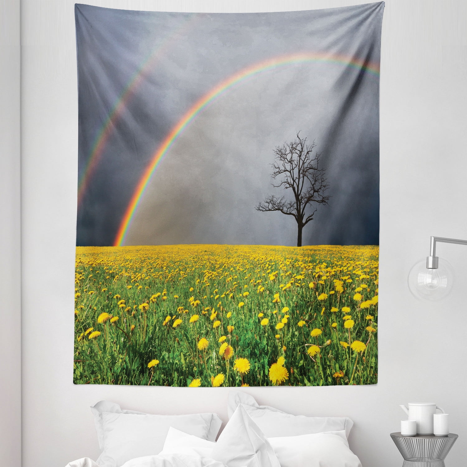 Rainbow Tapestry, Dandelion Field and Lonely Barren Tree Under Cloudy ...