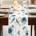 Blue Golden Floral Burlap Cotton Table Runner 13x90 Inches Long, Birds ...