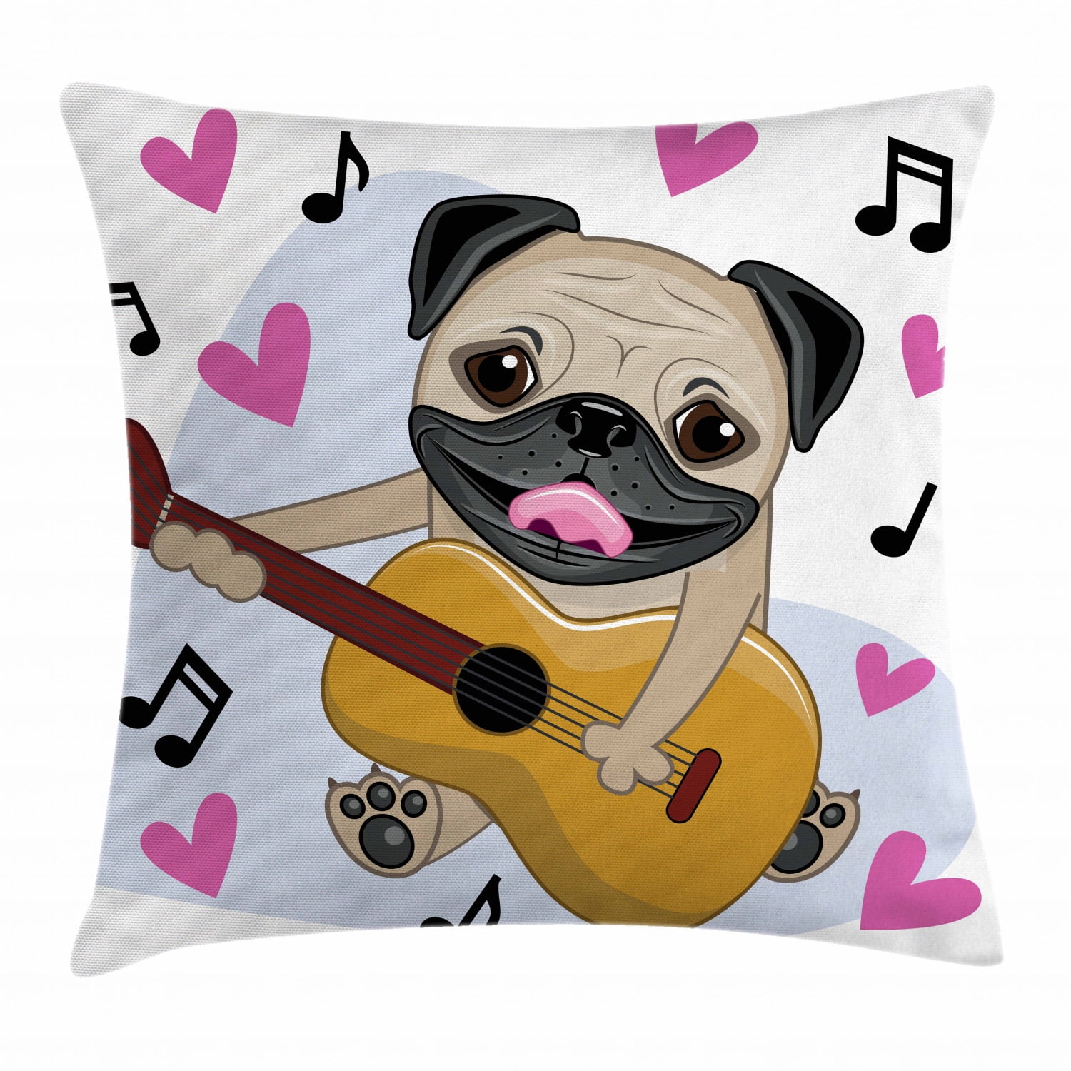 Pug Throw Pillow Cushion Cover, Pug Dog Playing Guitar Singing with ...