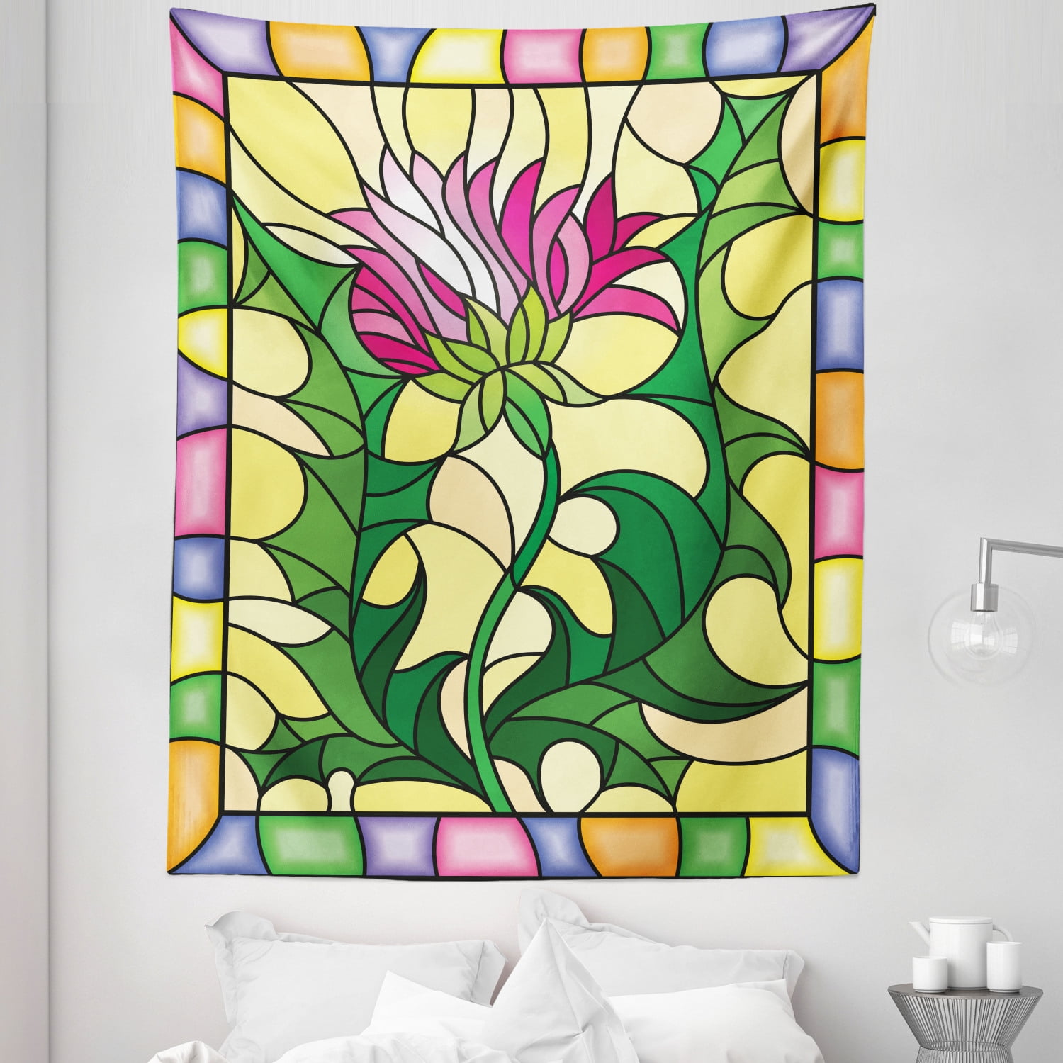 Thistle Tapestry, Colorful Stained Glass Style Flower Motif of Pink ...