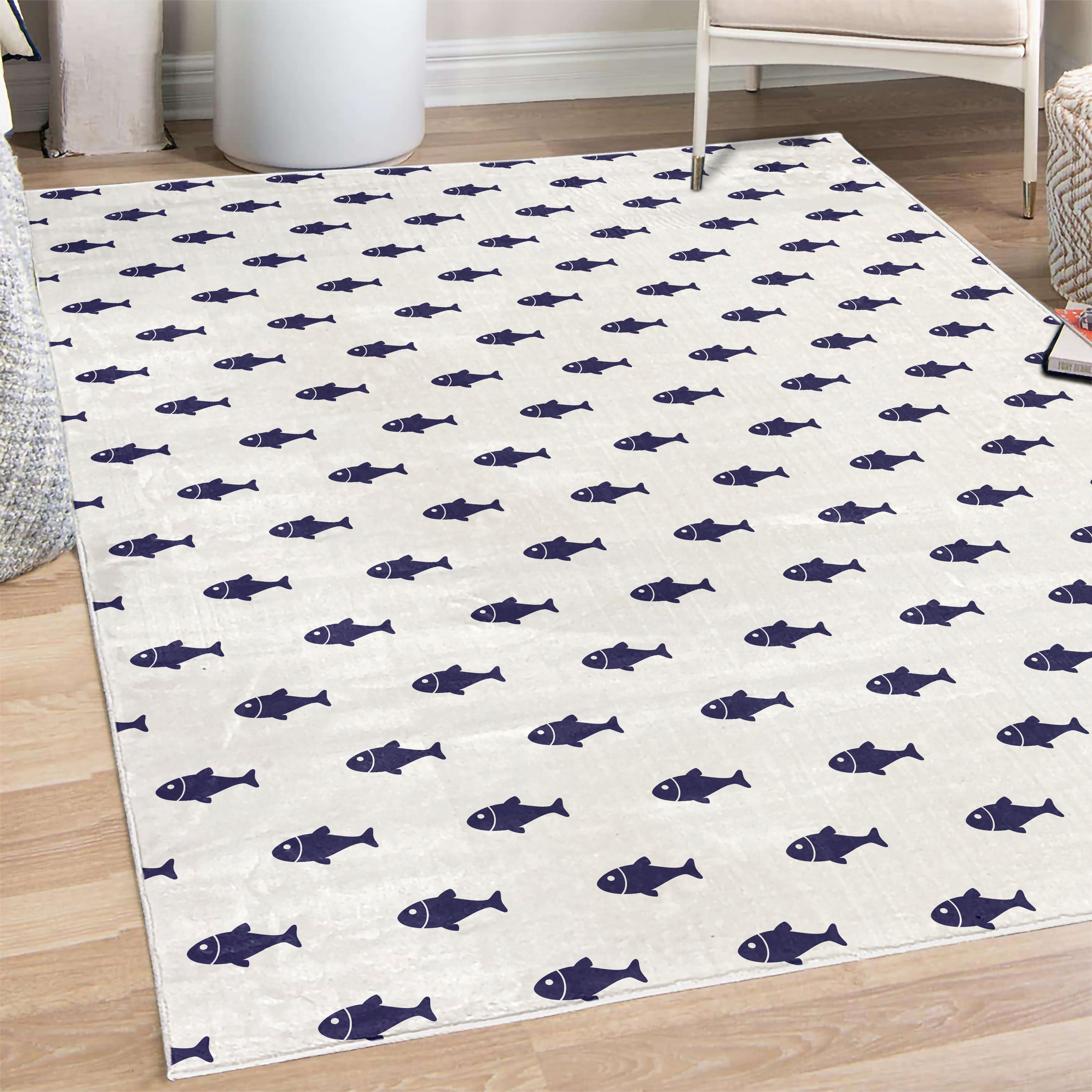 Ocean Decorative Rug, Hand Drawn Nautical Sketchy Sea Life Fish Whales ...