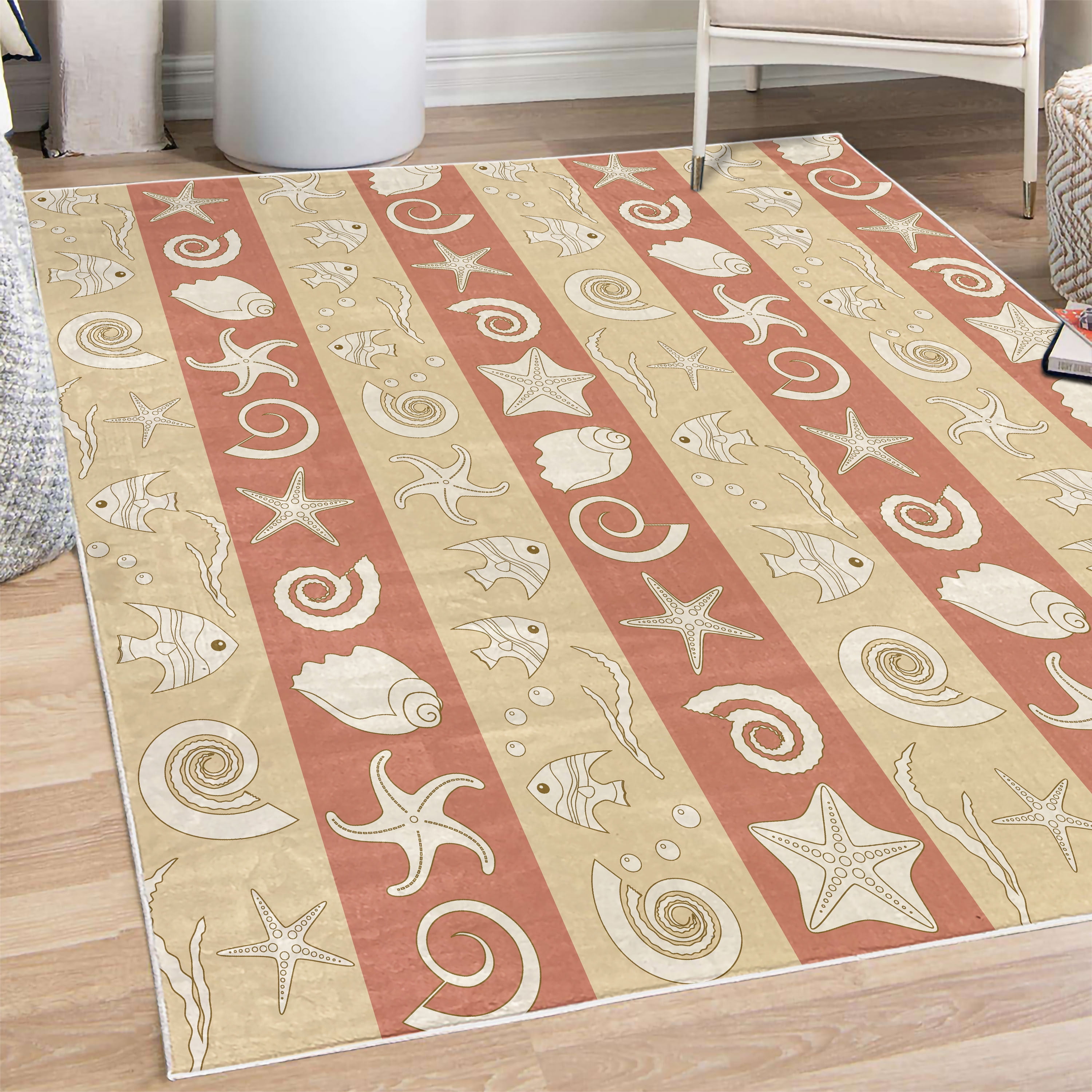Nautical Decorative Rug, Marine Theme Sea Animals Fishes Shells on ...