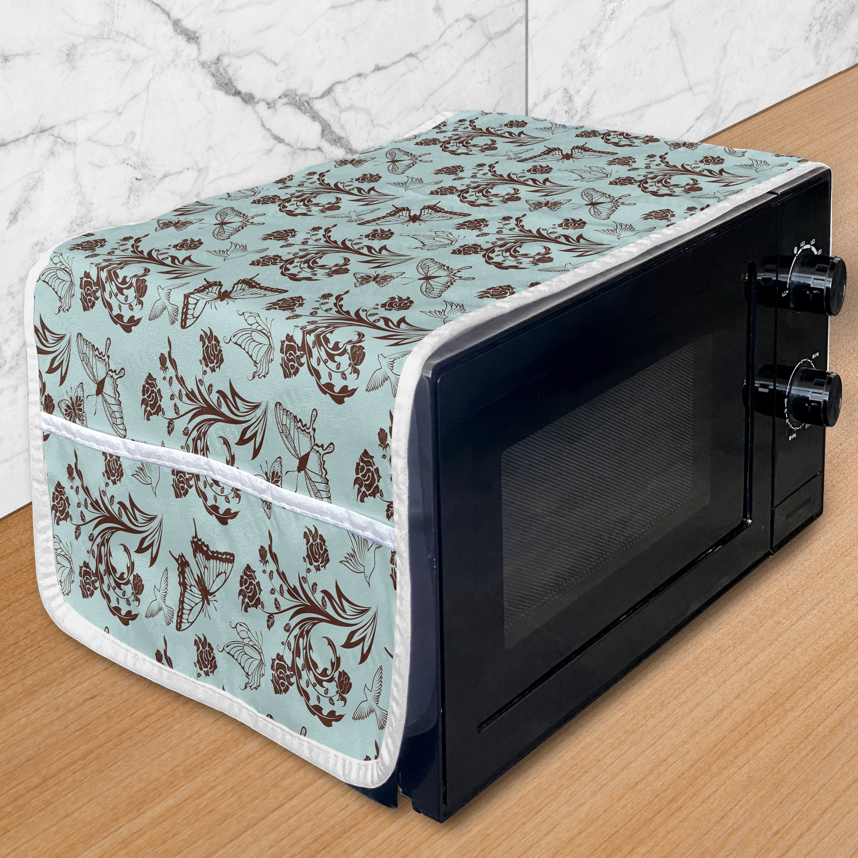 Floral Microwave Oven Cover, Flying Birds Butterflies Bouquet of ...