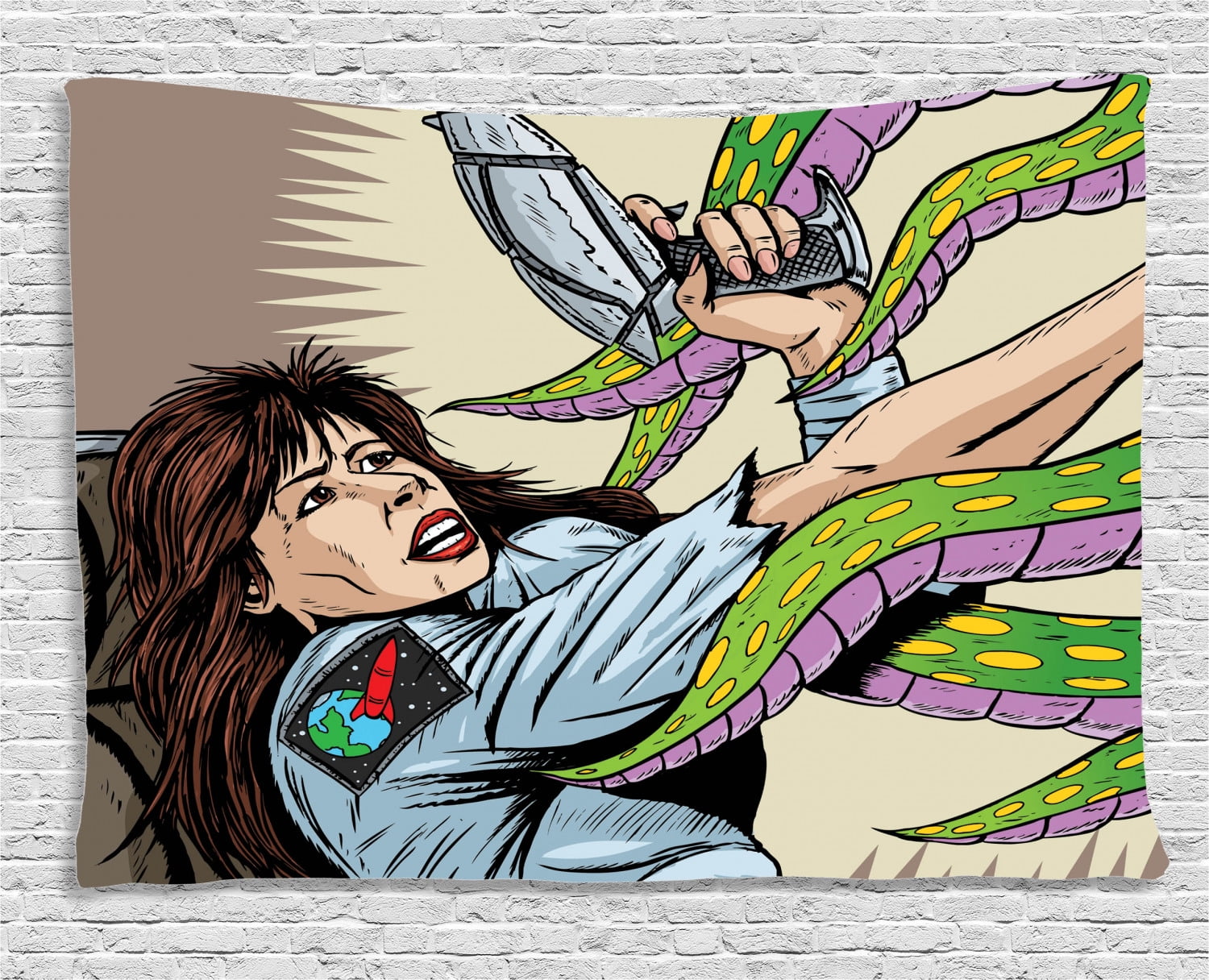 Outer Space Decor Tapestry, Alien Attacks Terrified Uniform Woman Human ...