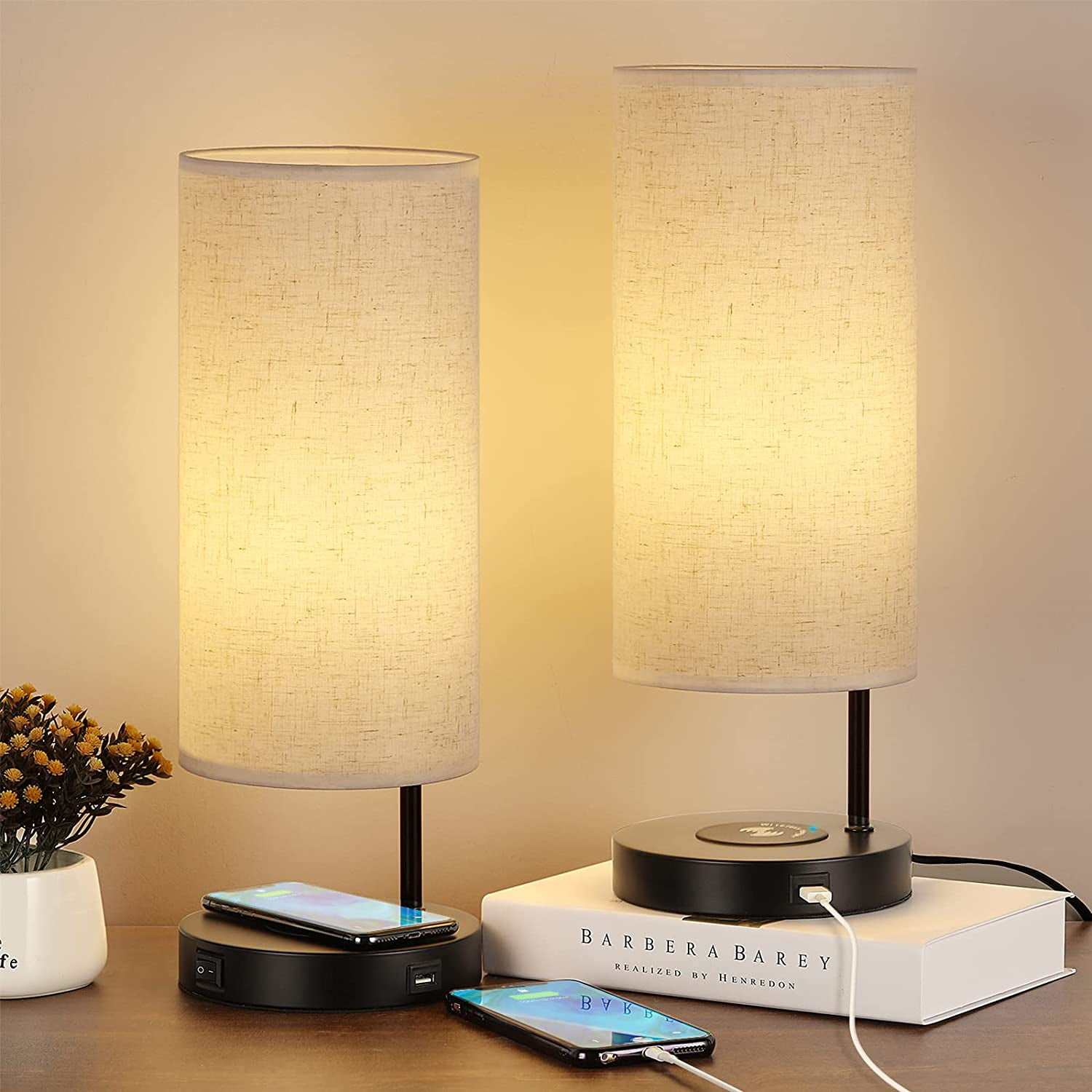 Nova Juns Wireless Charging Lamps, Set of 2, Bedside with USB Port ...