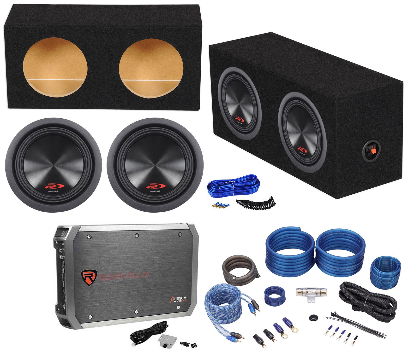 (2) Alpine SWR-8D4 8" 1000w Subwoofer+Sealed Sub Enclosure Box+Mono Amplifier - Walmart.com