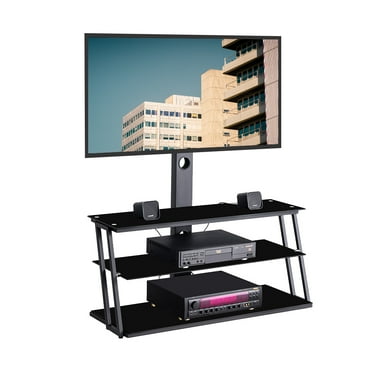 FITUEYES Movable Floor TV Stand with Wooden Shelf, Rolling TV Cart with ...