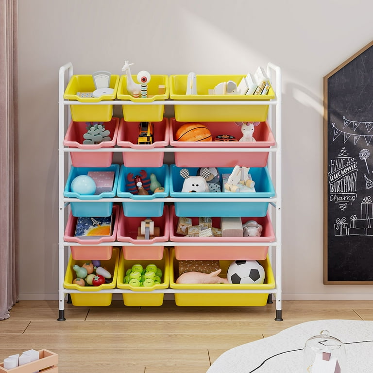 Toy Storage Organizer with 15 Plastic Bins 5 Tier Metal Toy Storage Rack Toy Organizer and Storage Bins Multi Color