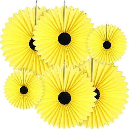 6 Pieces Sun Flower Paper Fan and 6 Pieces Black Round Paper Sunflower ...