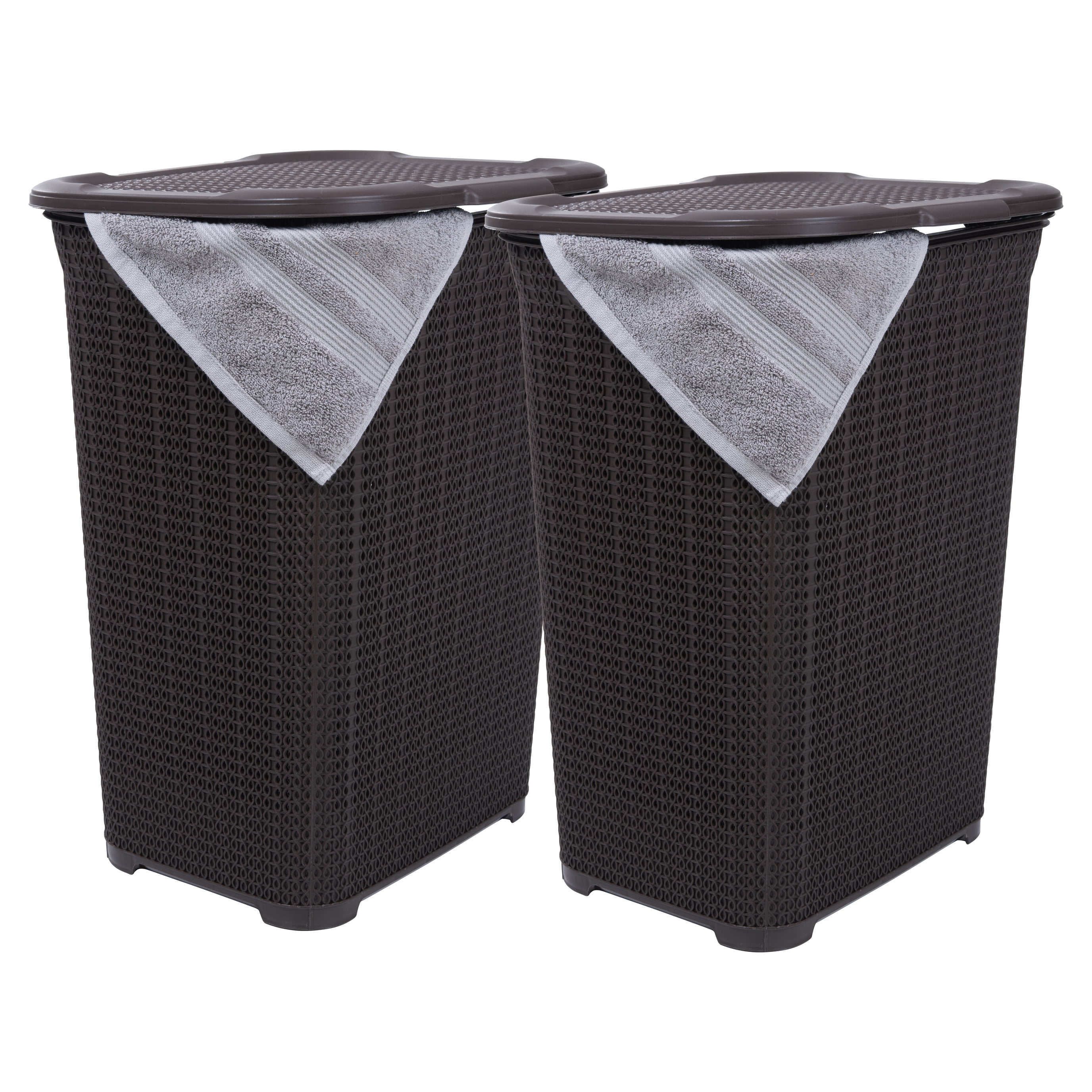 Superio 50L Large Knit Plastic Laundry Hamper with Lid - Brown (2 Pack ...