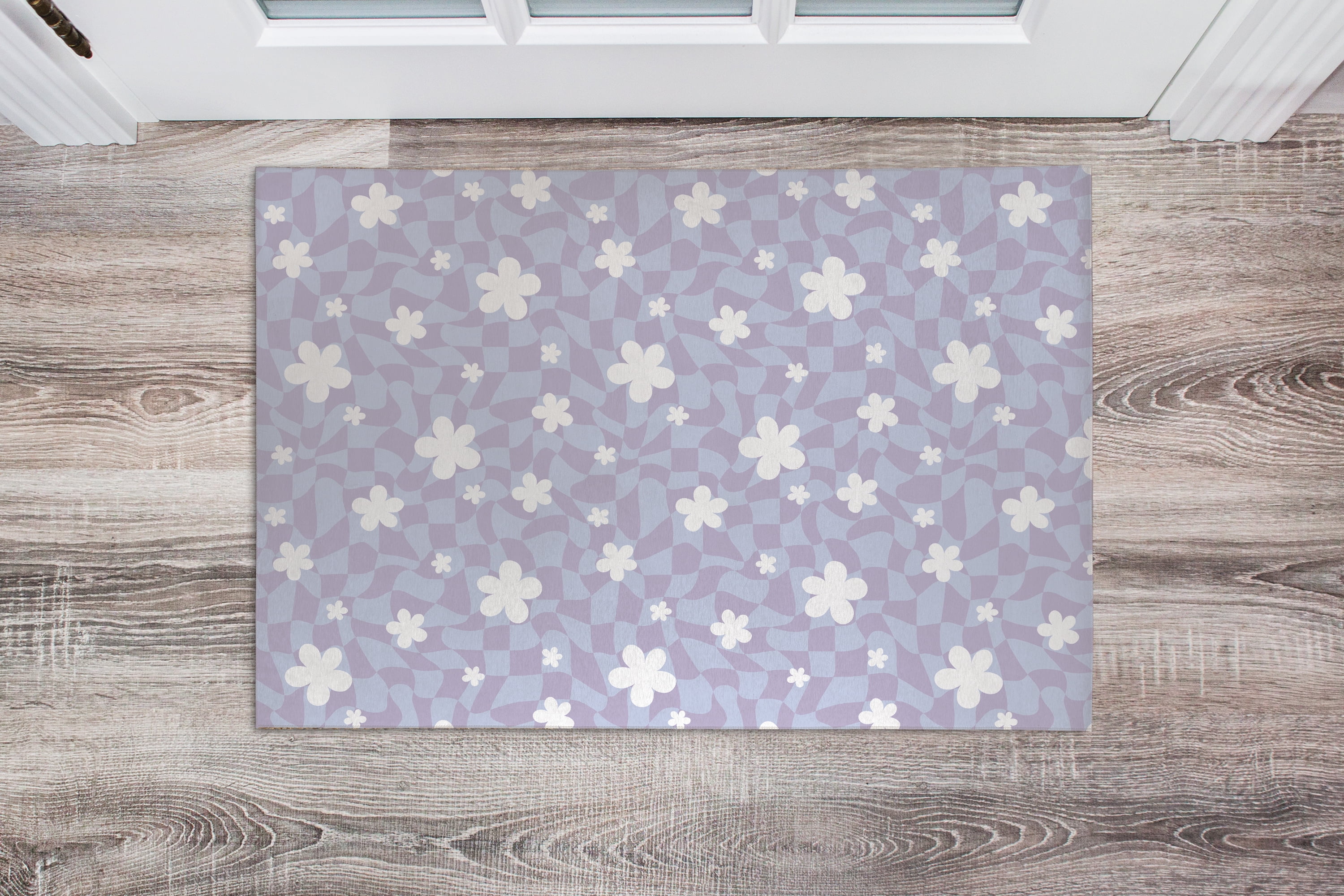 WARPED CHECKERBOARD FLOWER LILAC Indoor Floor Mat By Becca Garrison ...