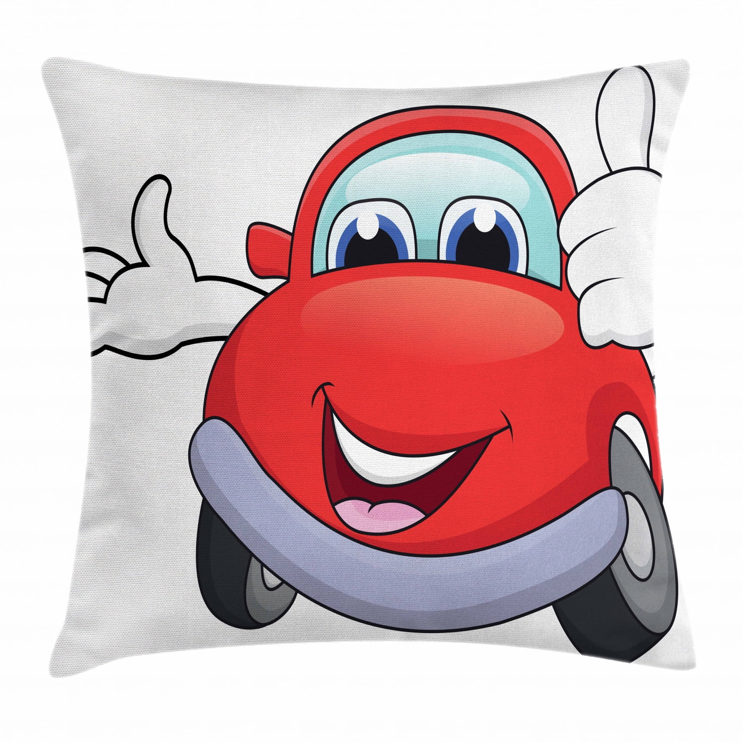 Cars Throw Pillow Cushion Cover, Cartoon Red Car with Eyes Mouth and ...