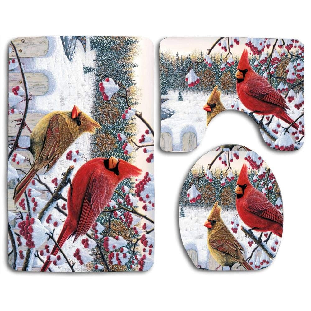 GOHAO Winter Cardinals Birds 3 Piece Bathroom Rugs Set Bath Rug Contour ...