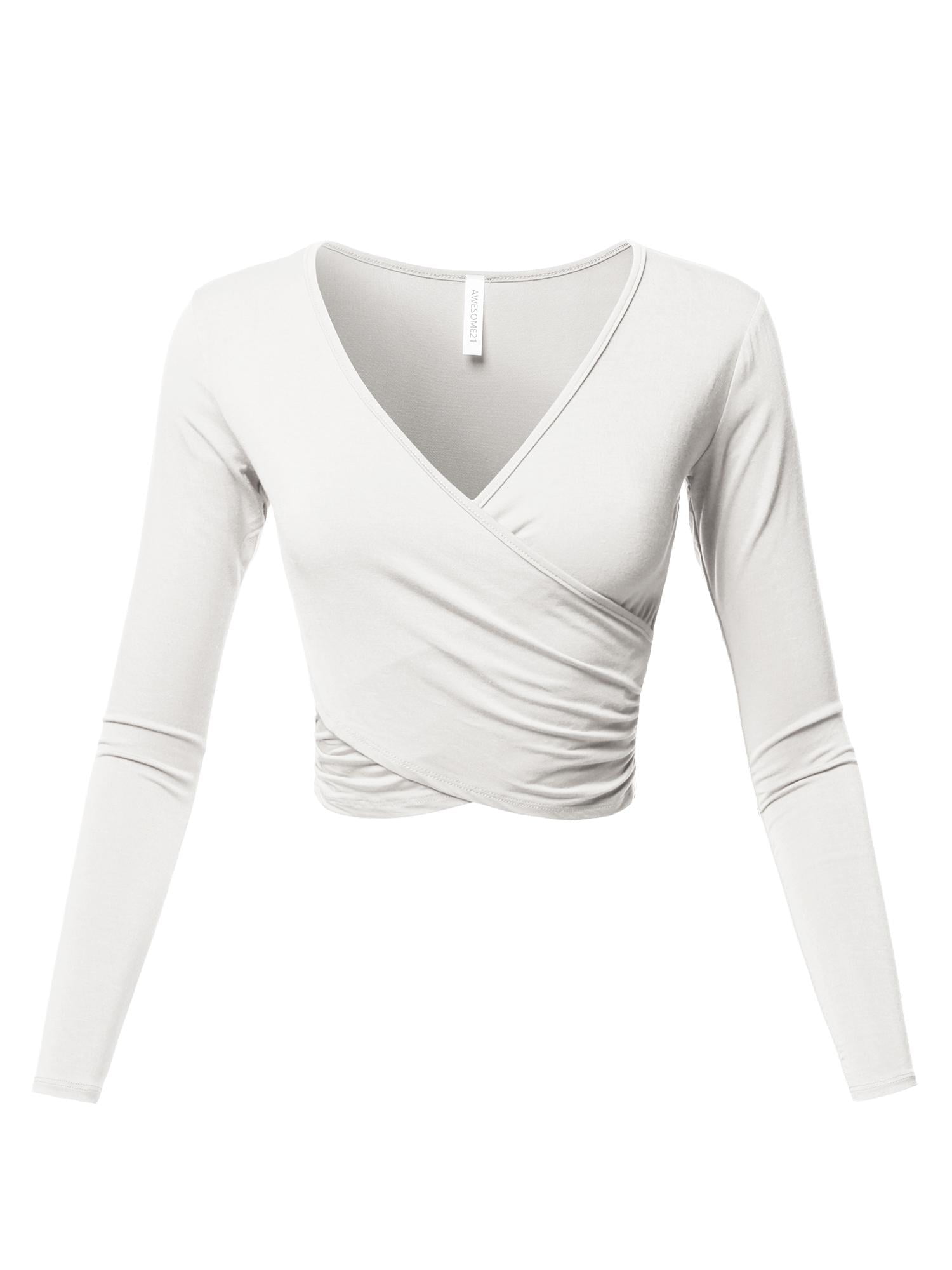 FashionOutfit Women's Solid V-Neck Crossover Shirred Wrap Front Long ...