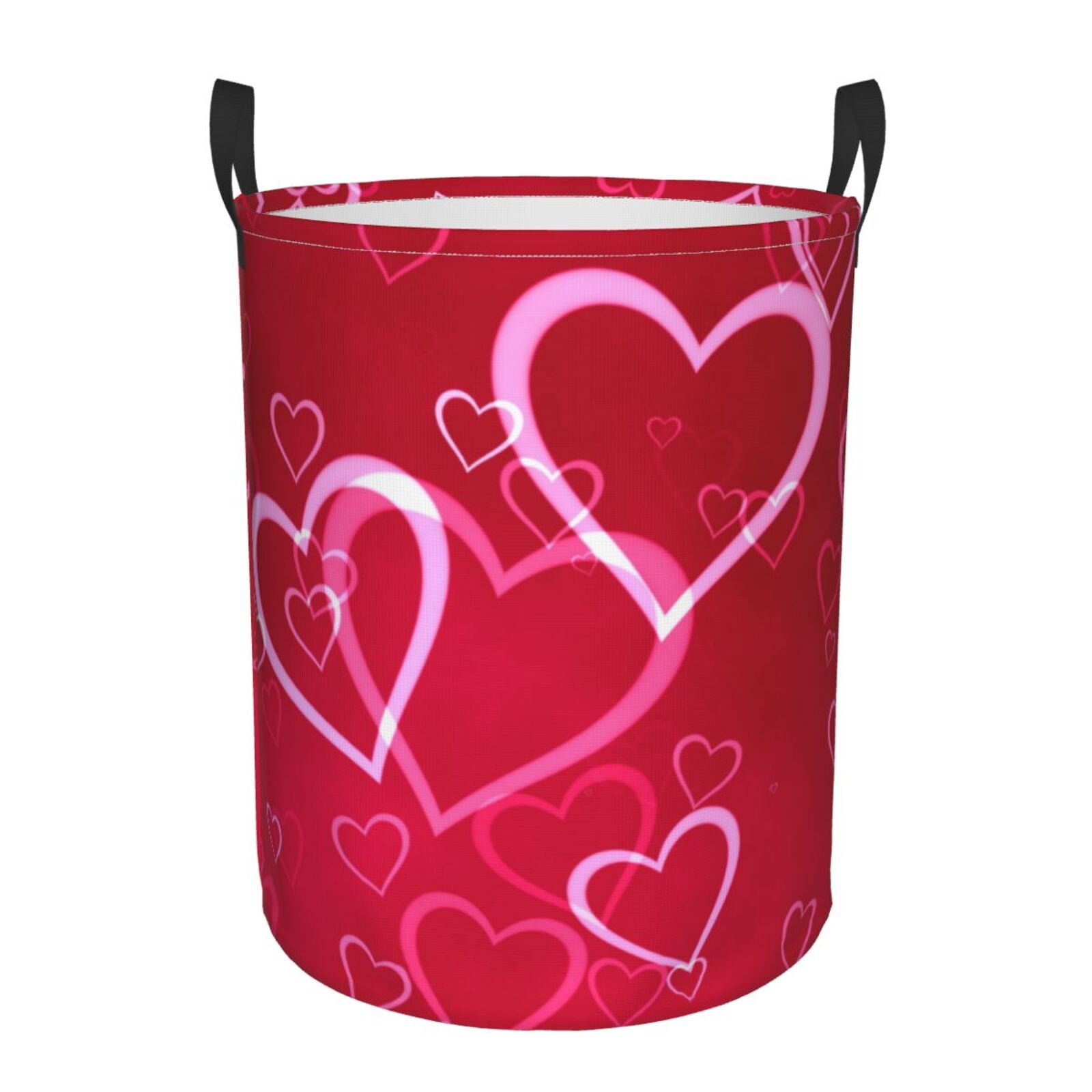 Round Laundry Basket, Romance Valentine Love Heart Pattern Foldable ...