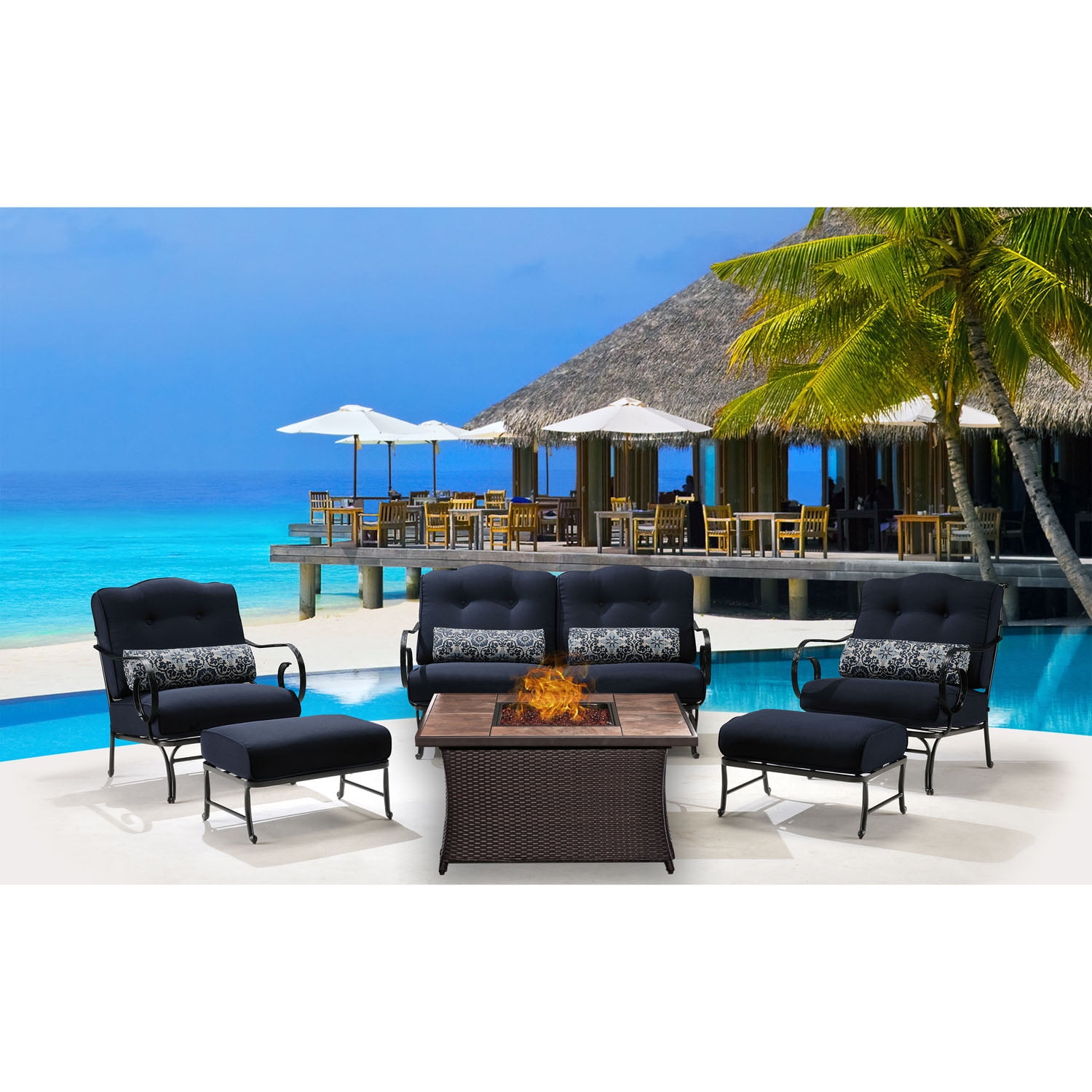 Hanover Outdoor Oceana 6-Piece Fire Pit Lounge Set with Faux-Stone Tile ...