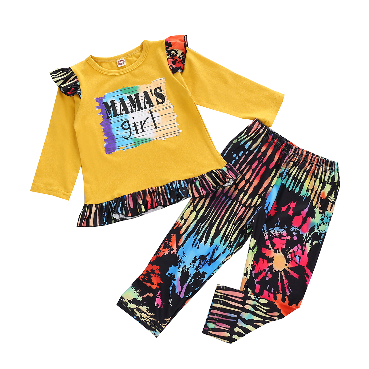 Little Girls Rainbow Color Print Suit Letter Print Lace Long Sleeve Top ...