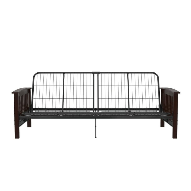 RealRooms Elbi Full Size Wood Arm and Black Metal Futon Frame, Brown ...