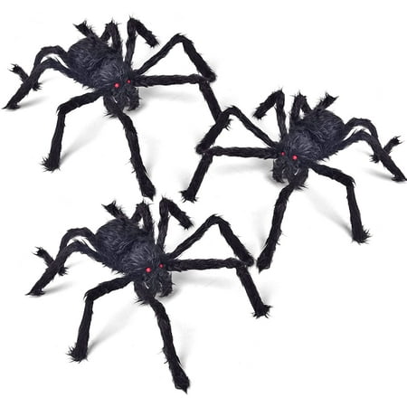 HTOOQ 3 Pcs Halloween Spider, Posable Furry Black Giant, Lighting Fuzzy ...