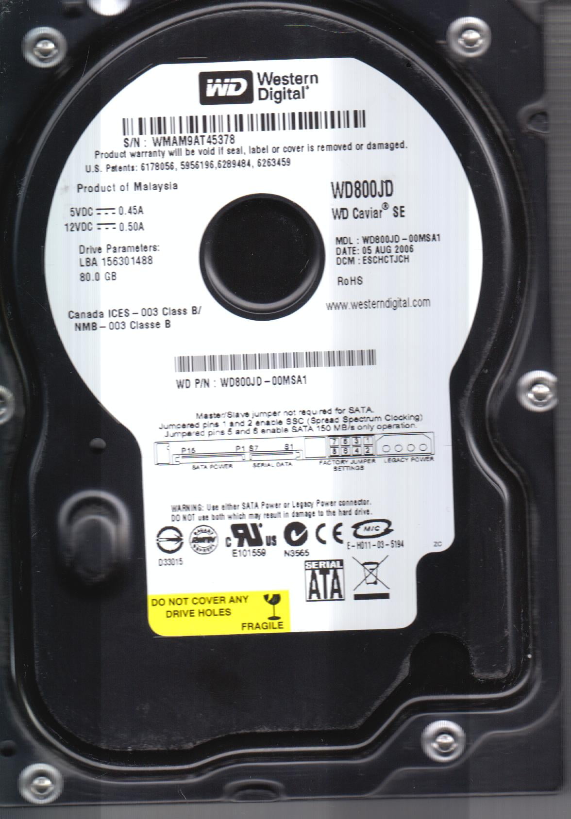 WD800JD-00MSA1, DCM ESCHCTJCH, Western Digital 80GB SATA 3.5 Hard Drive ...