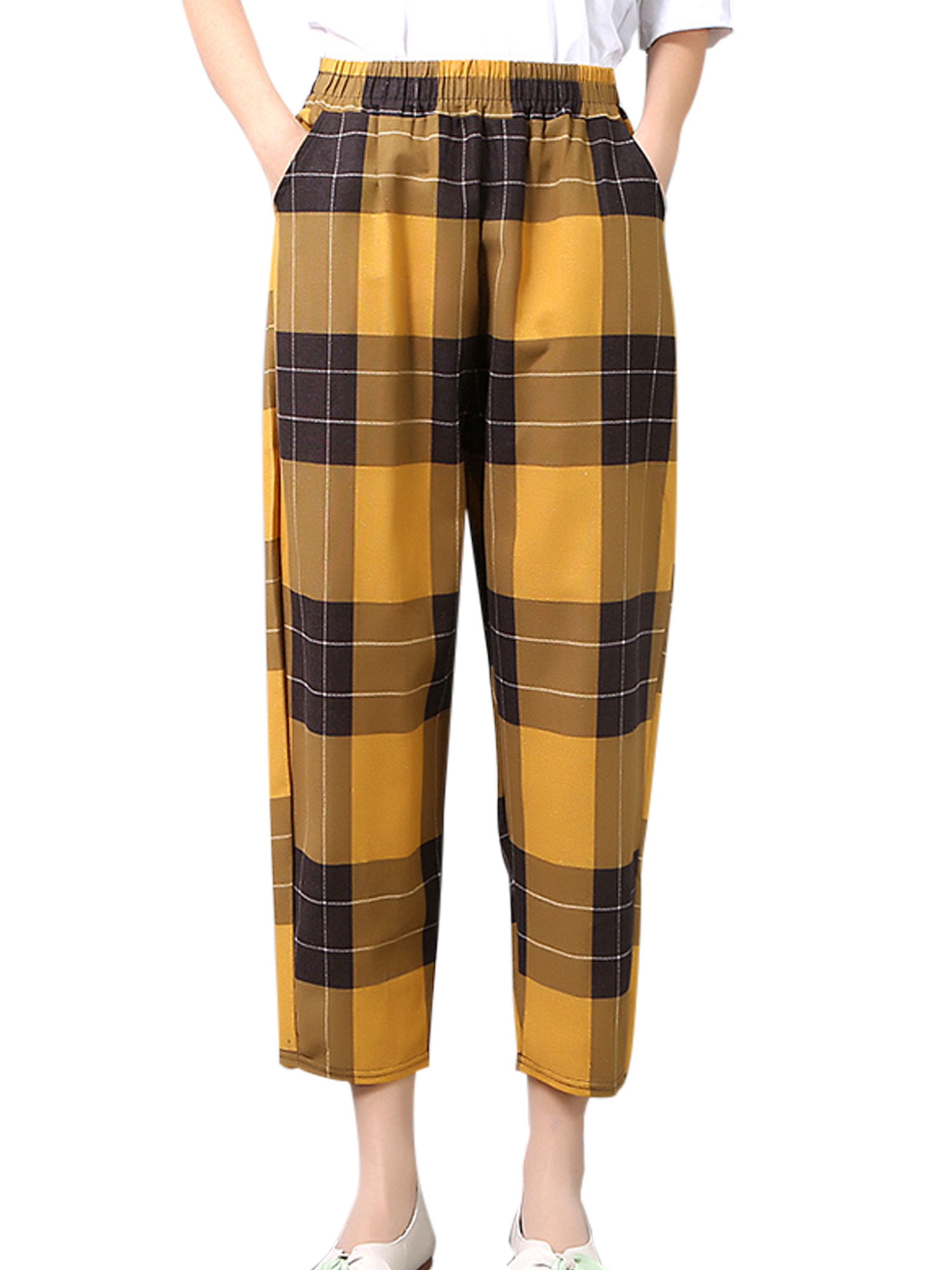 Vintage Yellow Plaid Pants Women Casual Drawstring Ankle Length Loose ...