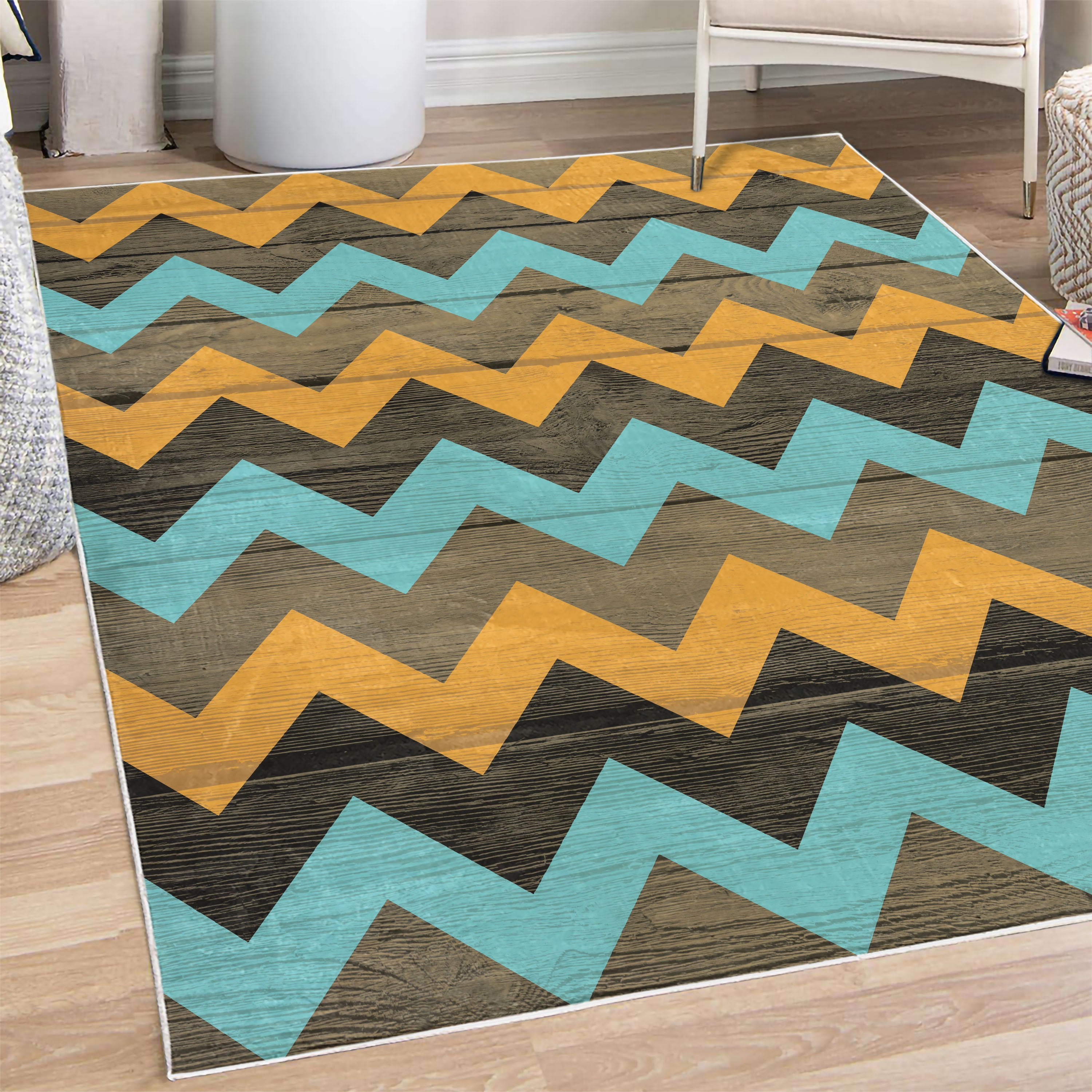 Chevron Decorative Rug, Zig Zag Lines Pattern on Wooden Looking ...